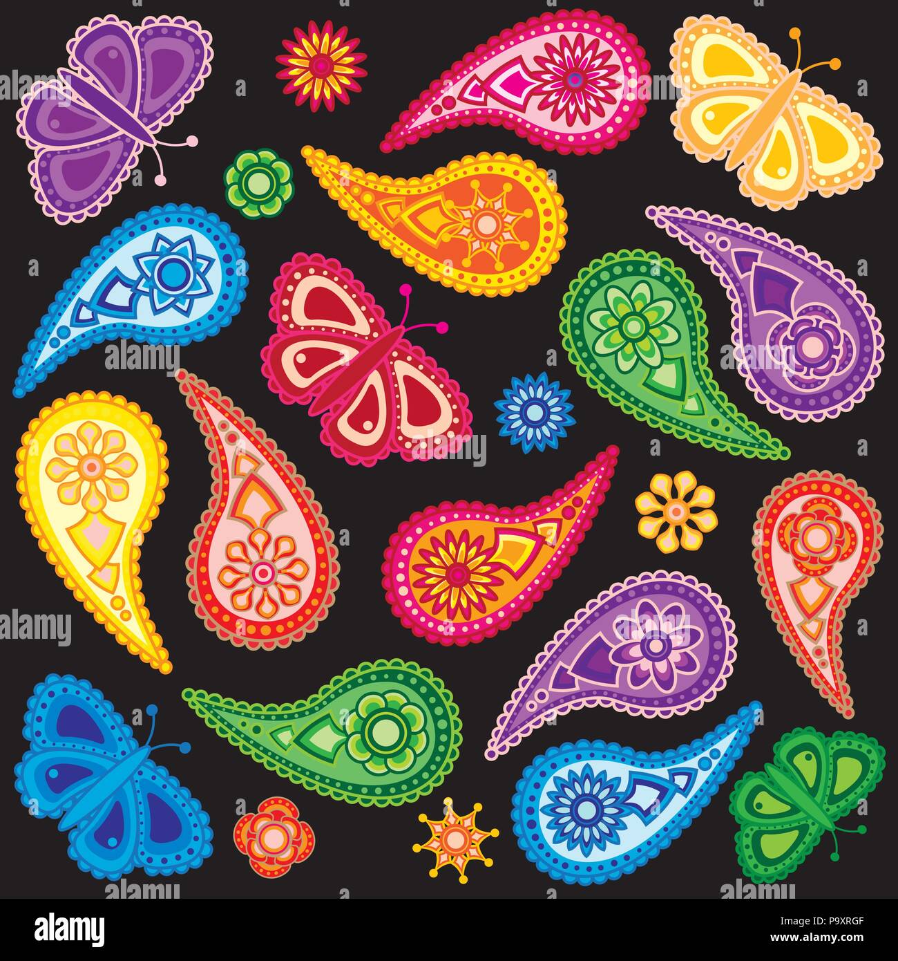 Flowers and Butterflies traditional paisley design seamless pattern ...
