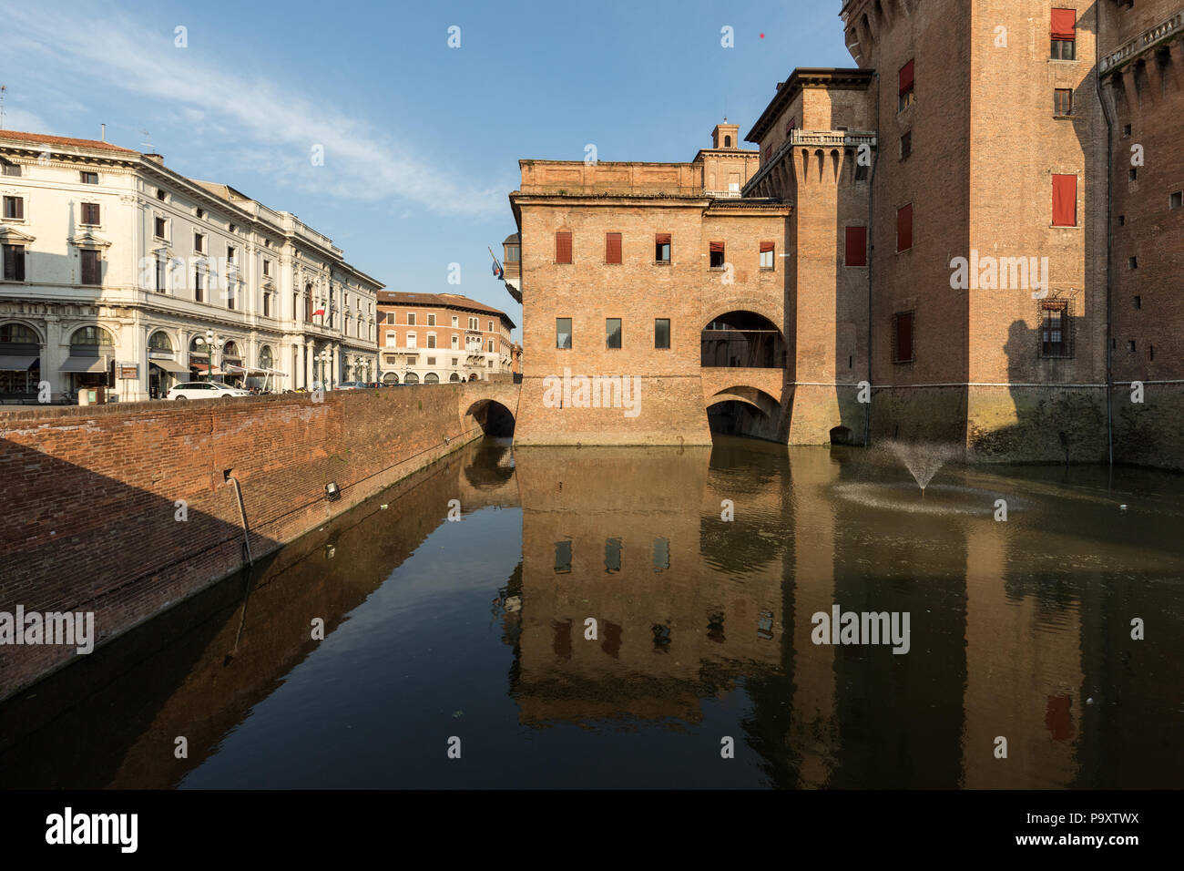 Ferrara, Italy - June 10, 2017: Castle Estense, a four towered fortress ...