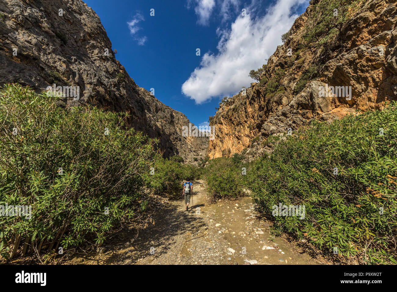 hiking at the Agiofarango canyon, crete, grece, view from behind Stock ...