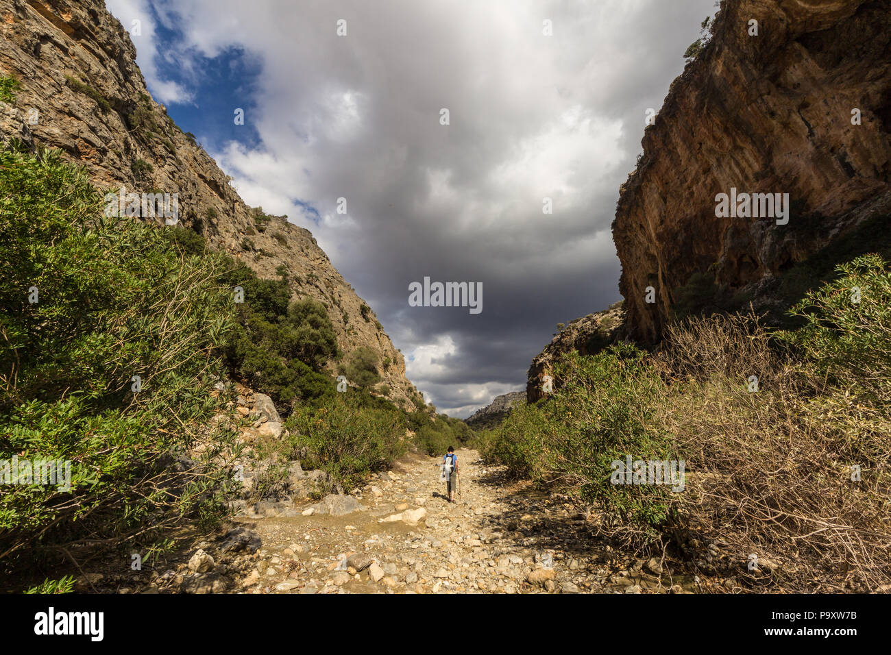 hiking at the Agiofarango canyon, crete, grece, view from behind Stock ...