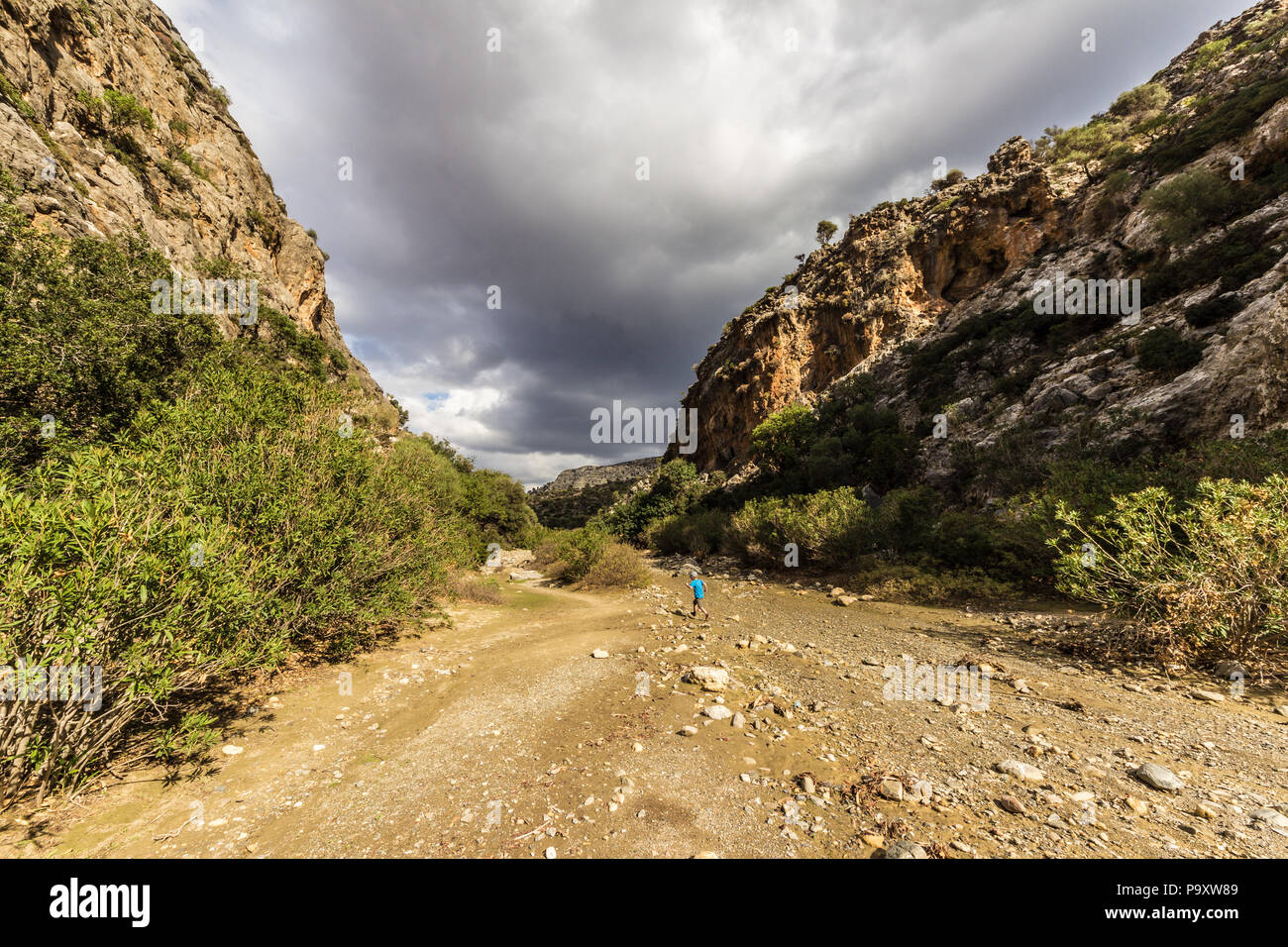 hiking at the Agiofarango canyon, crete, grece, view from behind Stock ...