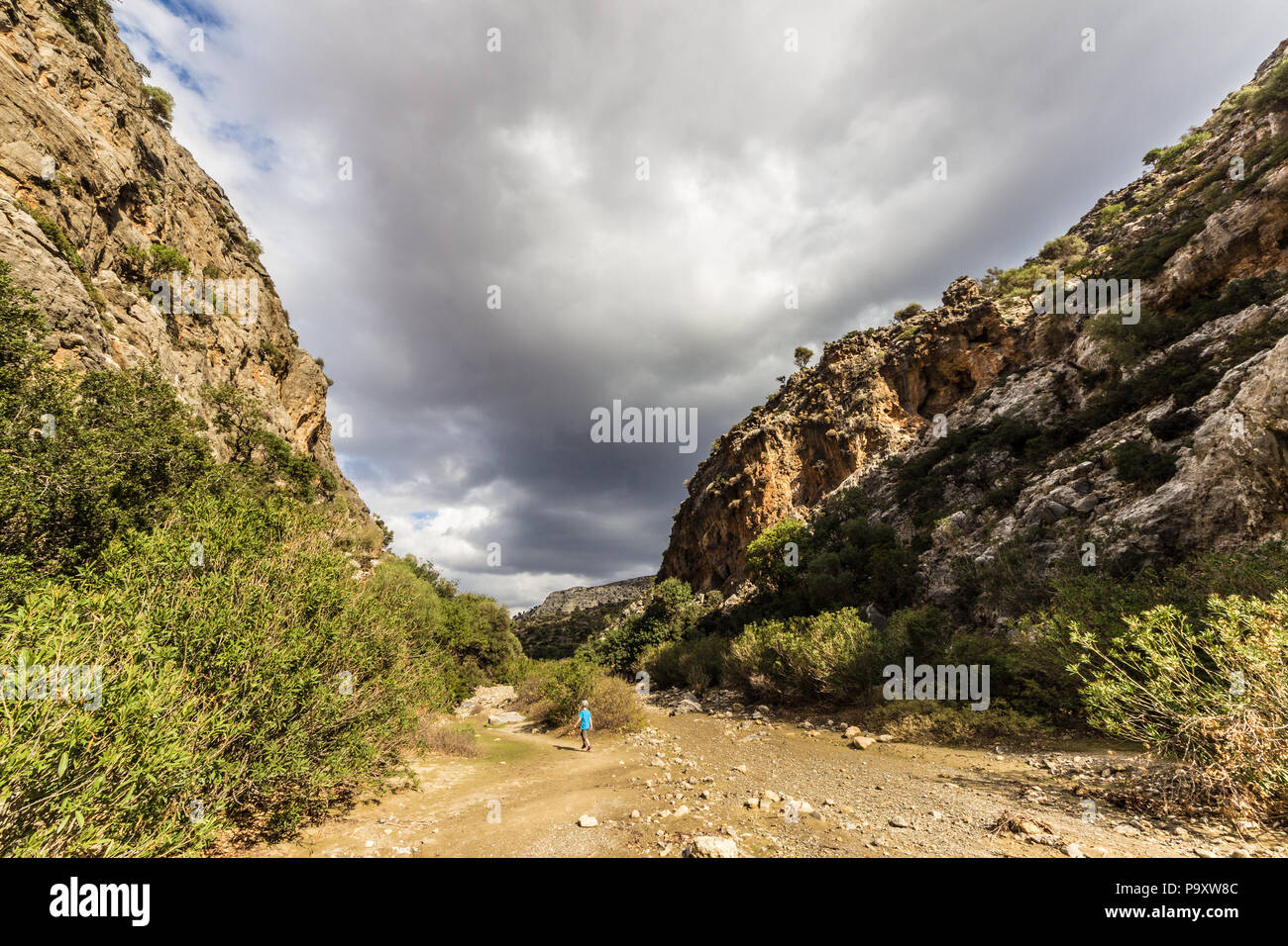 hiking at the Agiofarango canyon, crete, grece, view from behind Stock ...