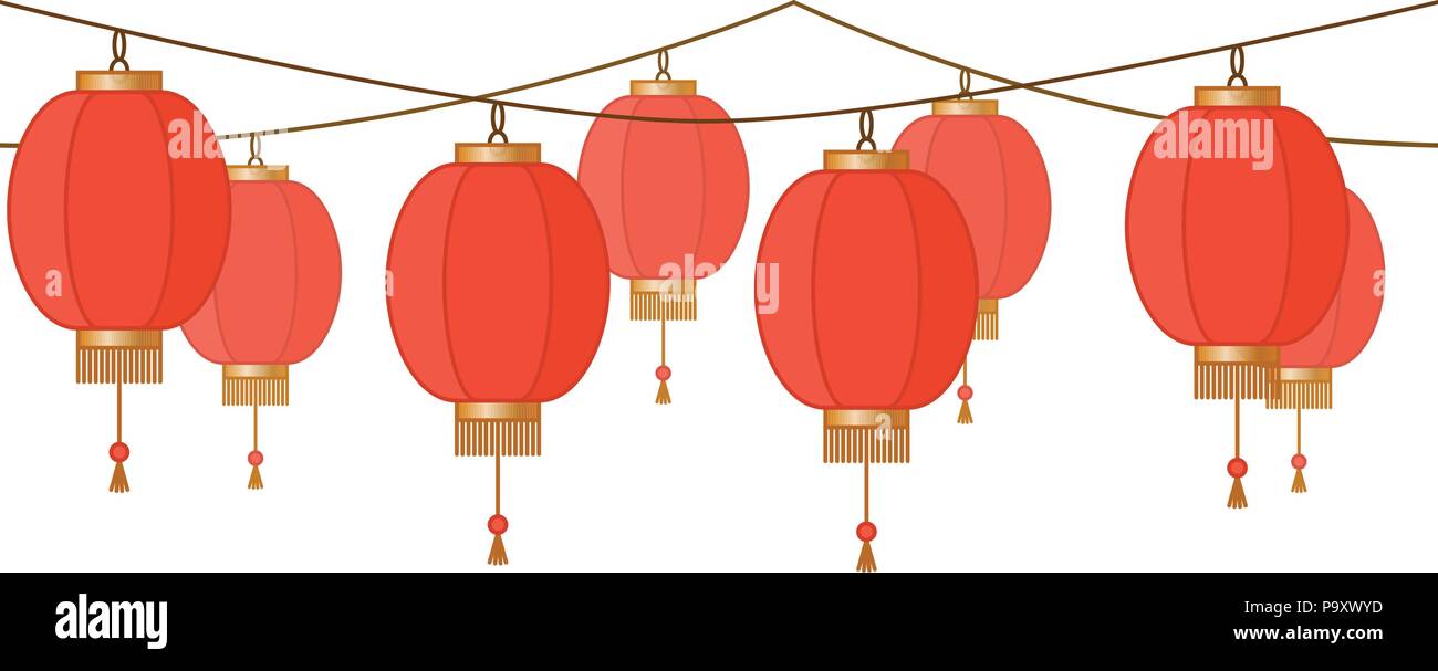 Garland with Chinese lantern chain, red asian traditional paper lamps ...
