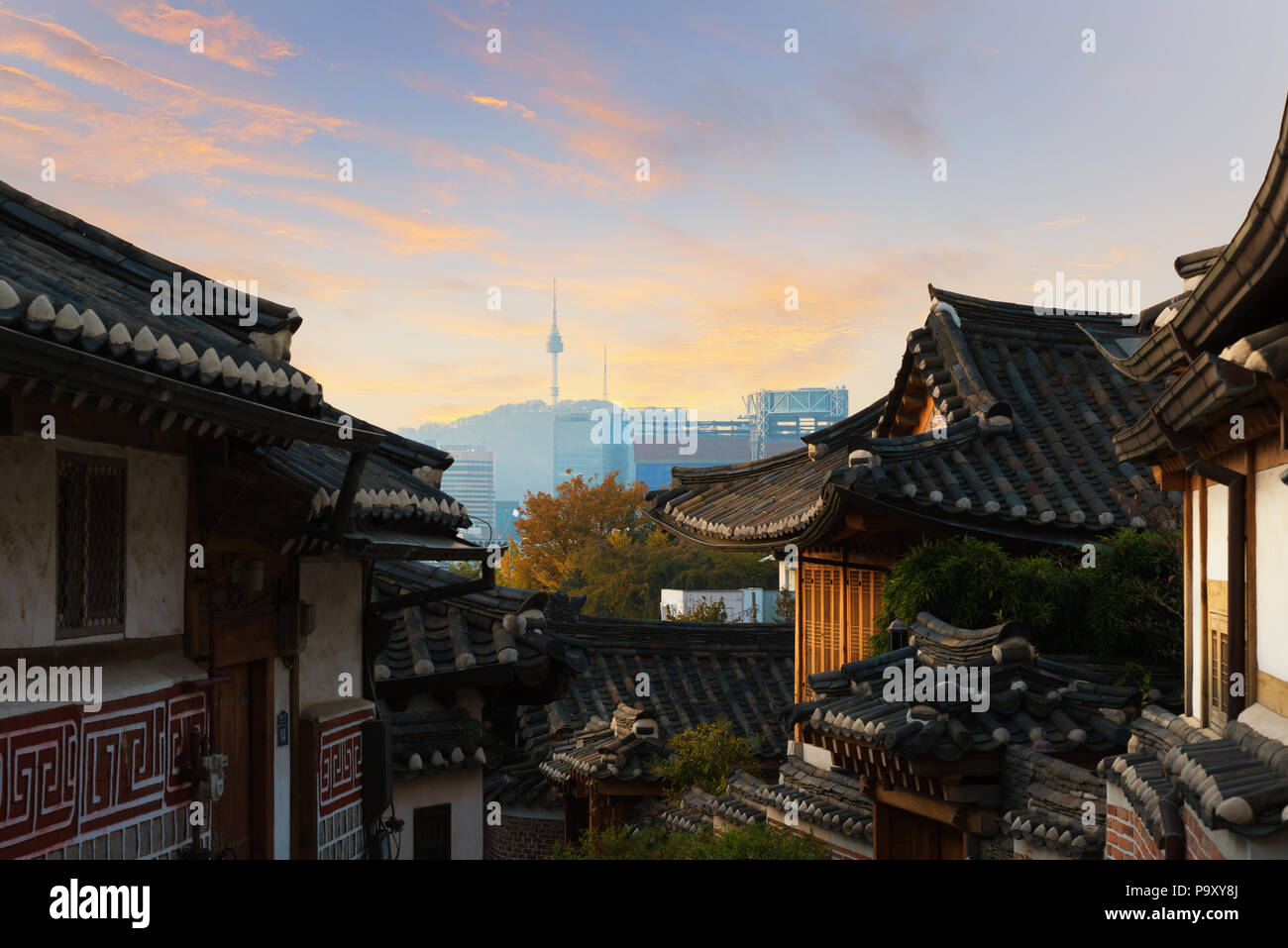 Traditional Korean style architecture at Bukchon Hanok Village with N ...