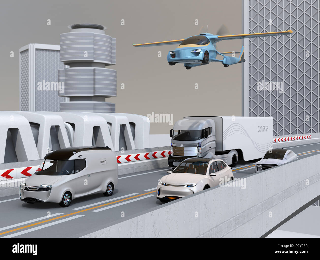 Futuristic flying car flying over the highway. Fast transportation ...