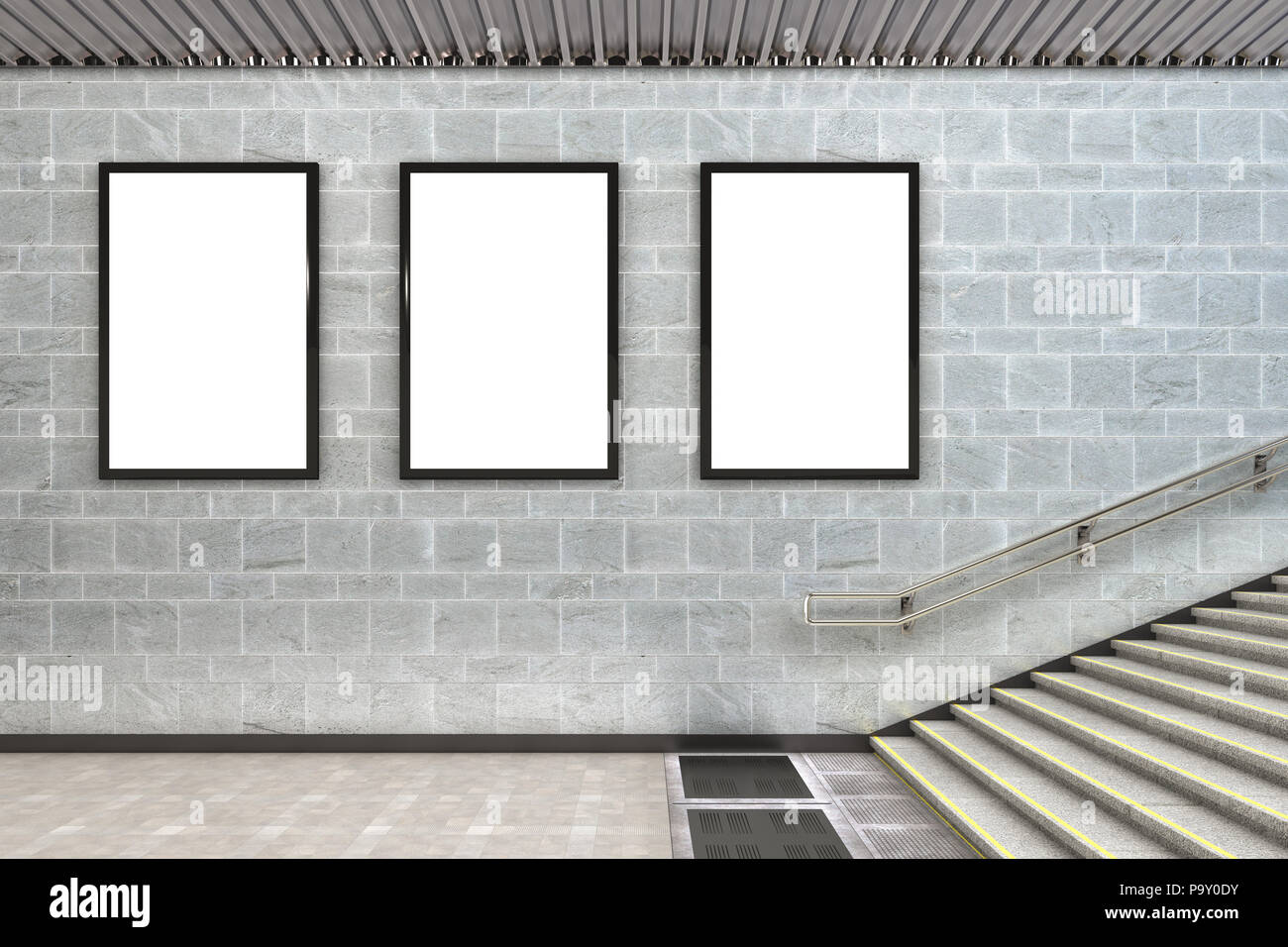 Three blank vertical billboard poster underground. 3d illustration ...