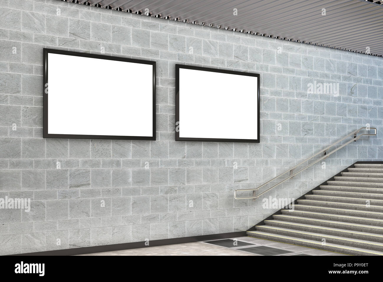Two blank horizontal advertising billboard posters underground. 3d ...