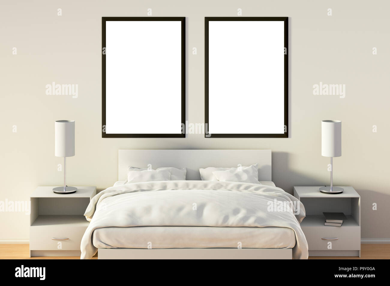 Two blank vertical posters in bedroom over white bed. Isolated with ...