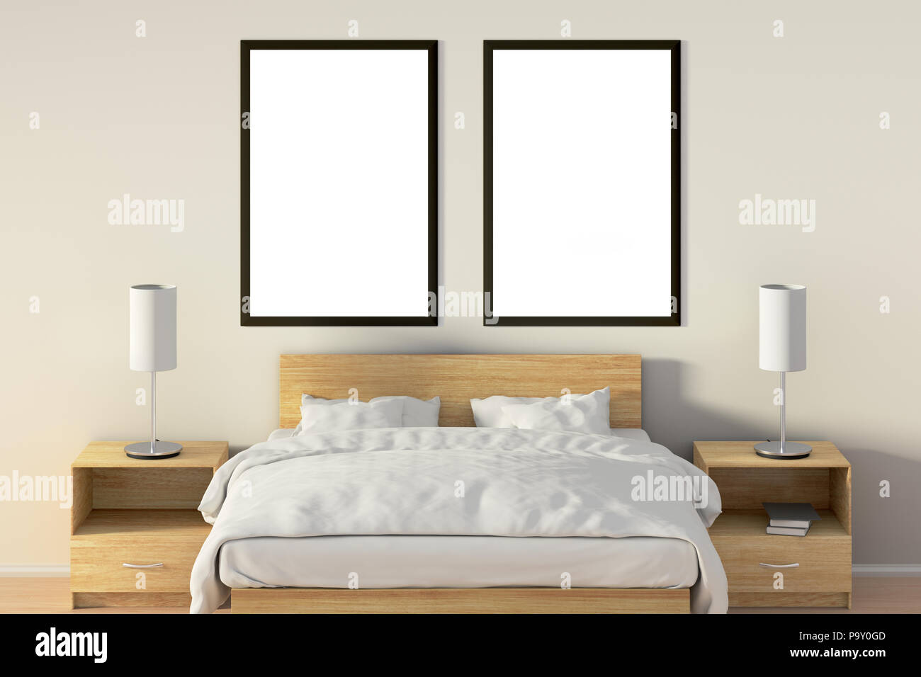 Two blank vertical posters in bedroom over wooden bed. Isolated with ...