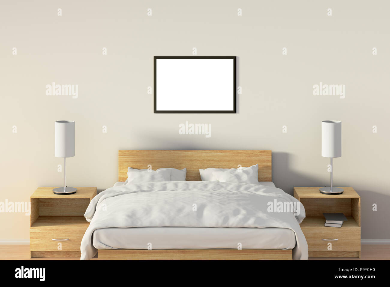 Blank horizontal poster in bedroom over wooden bed. Isolated with ...