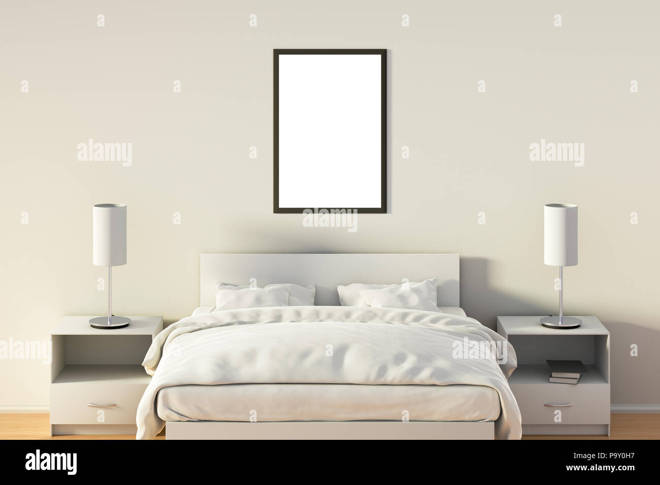 Blank vertical poster in bedroom over white bed. Isolated with clipping ...