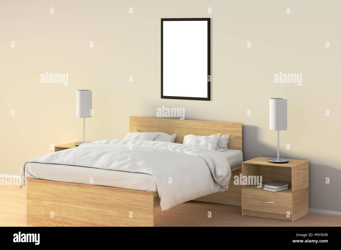 Blank vertical poster in bedroom over wooden bed. Isolated with ...