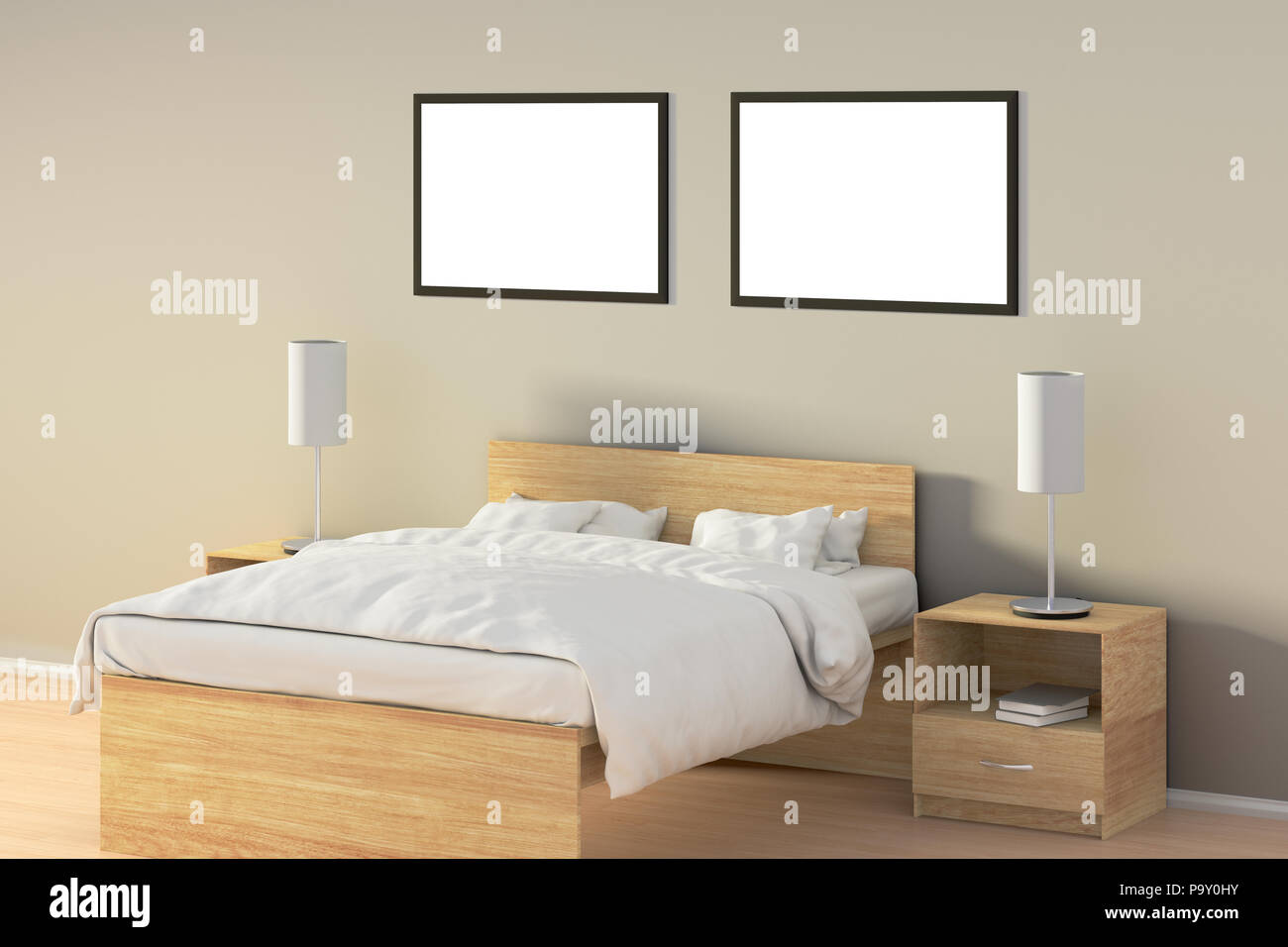 Two blank horizontal posters in bedroom over wooden bed. Isolated with ...
