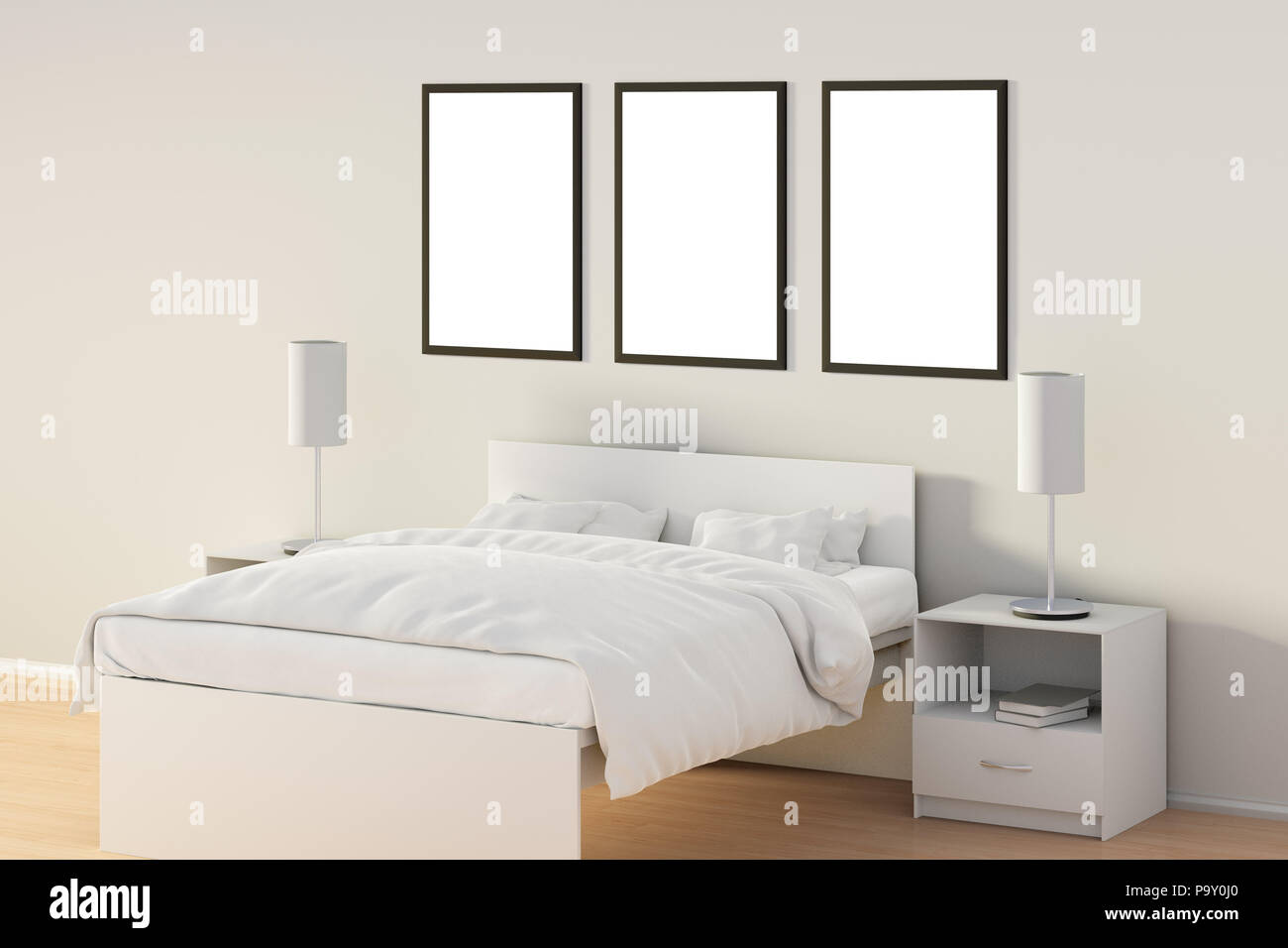 Three blank vertical posters in bedroom over white bed. Isolated with ...