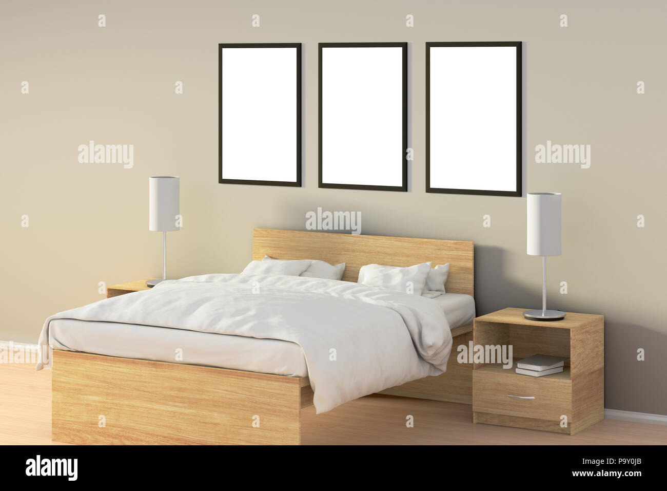 Three blank vertical posters in bedroom over wooden bed. Isolated with ...