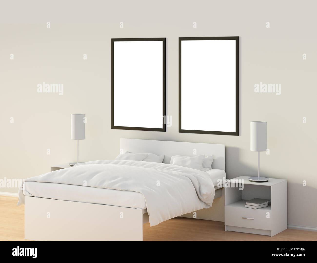 Two blank vertical posters in bedroom over white bed. Isolated with ...