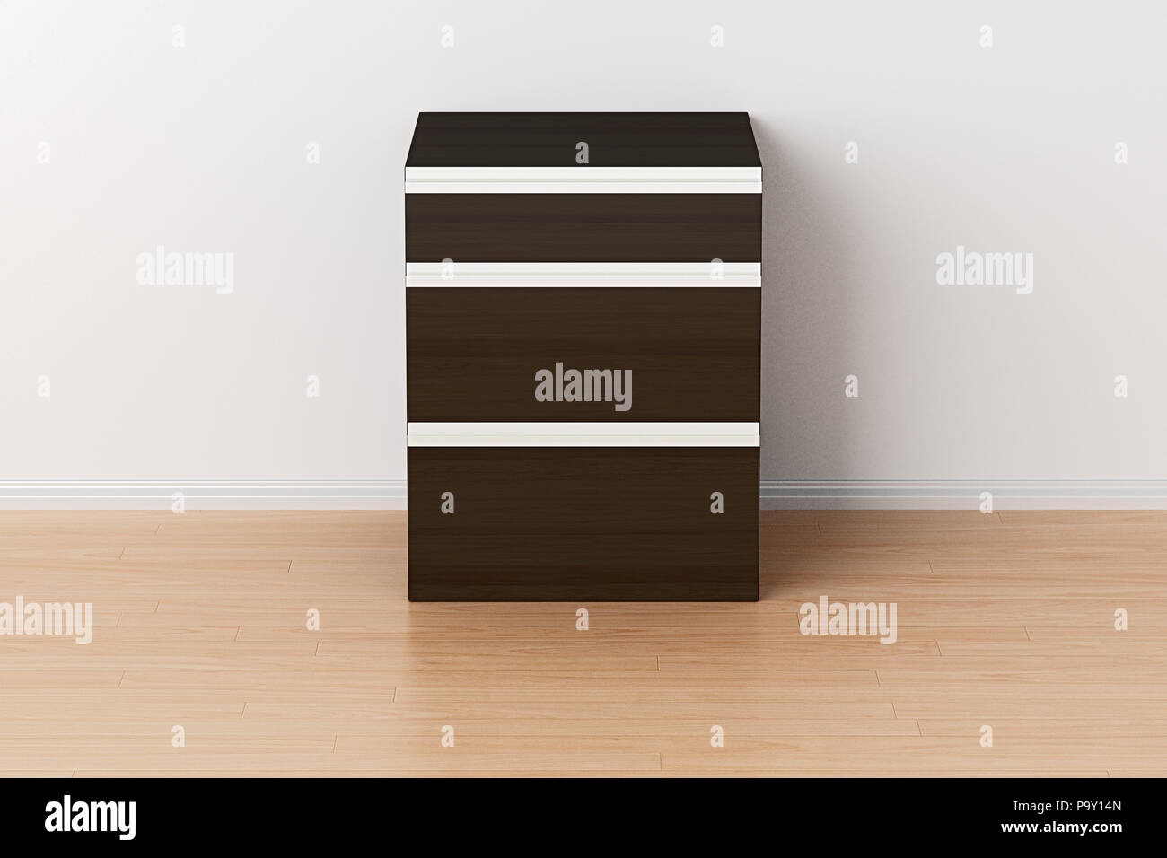 Dark brown drawer chest in home interior. Isolated with clipping path ...