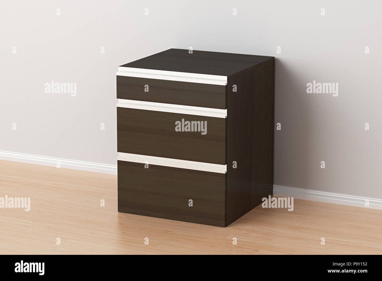 Dark brown drawer chest in home interior. Isolated with clipping path ...