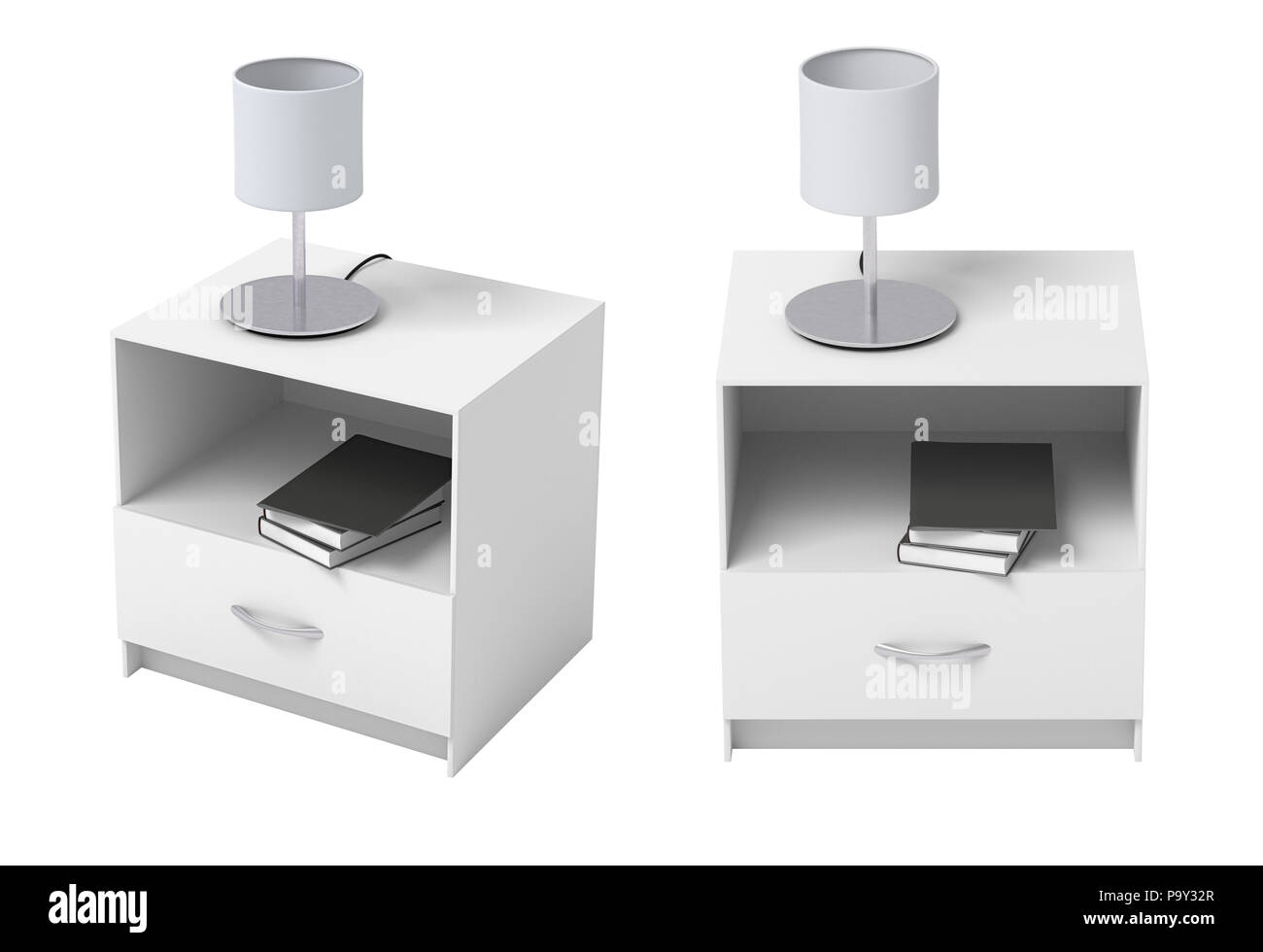 Set of white nightstand with lamp and books isolated on white ...