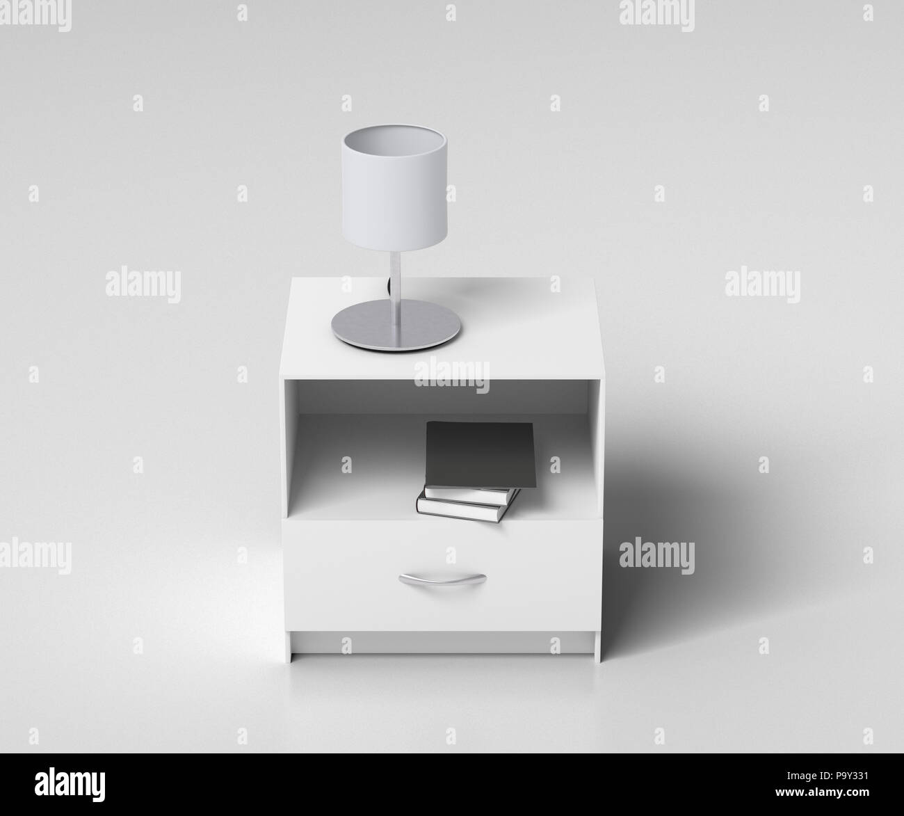White nightstand with lamp and books on white background. Isolated with ...
