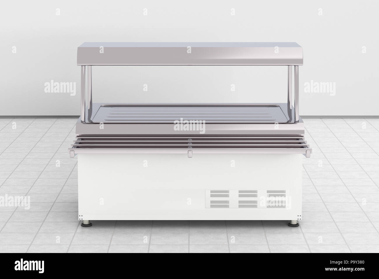 Empty refrigerated display of food service counter in shop. 3d ...