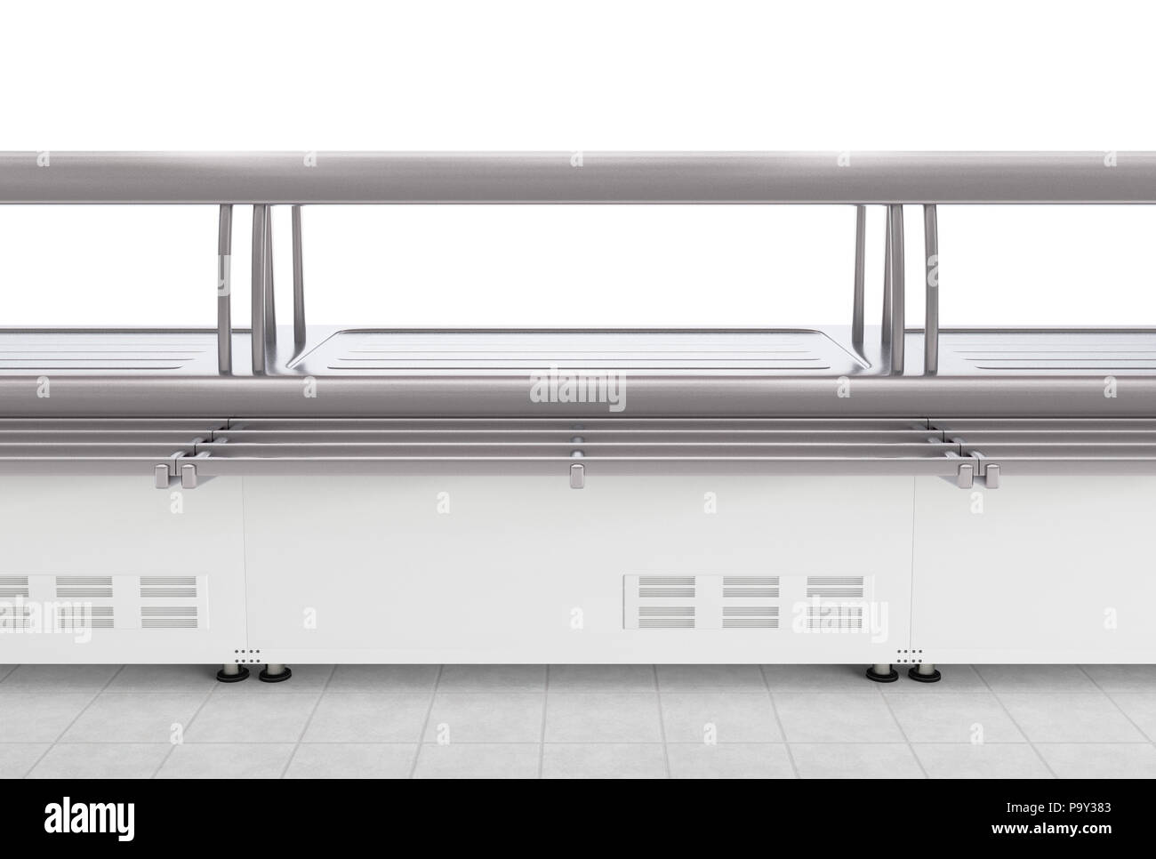 Empty food service counter with refrigerated display. 3d illustration ...