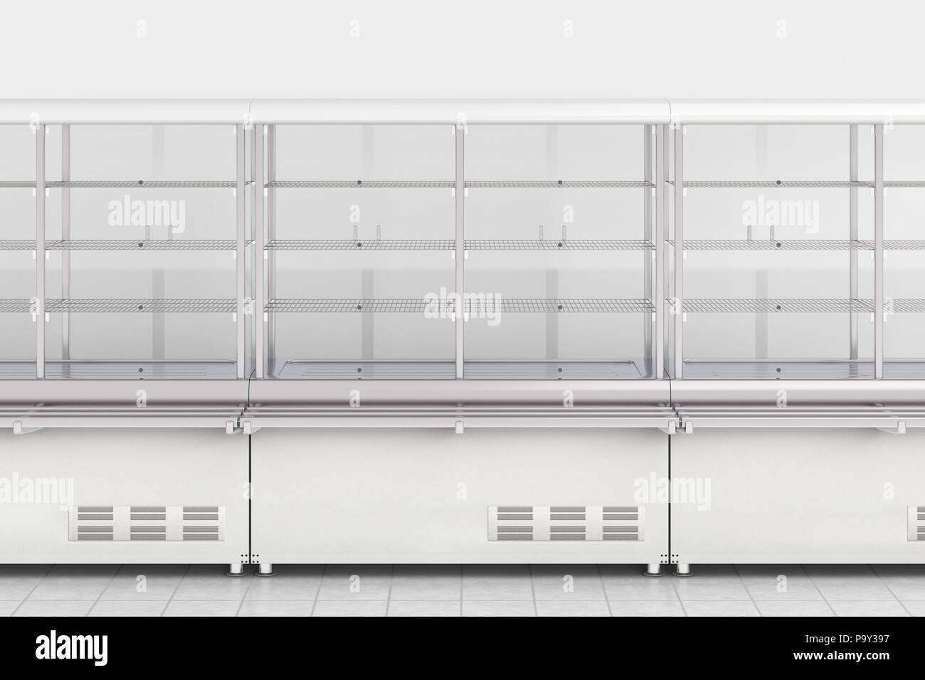 Empty food service counter with refrigerated display. 3d illustration ...