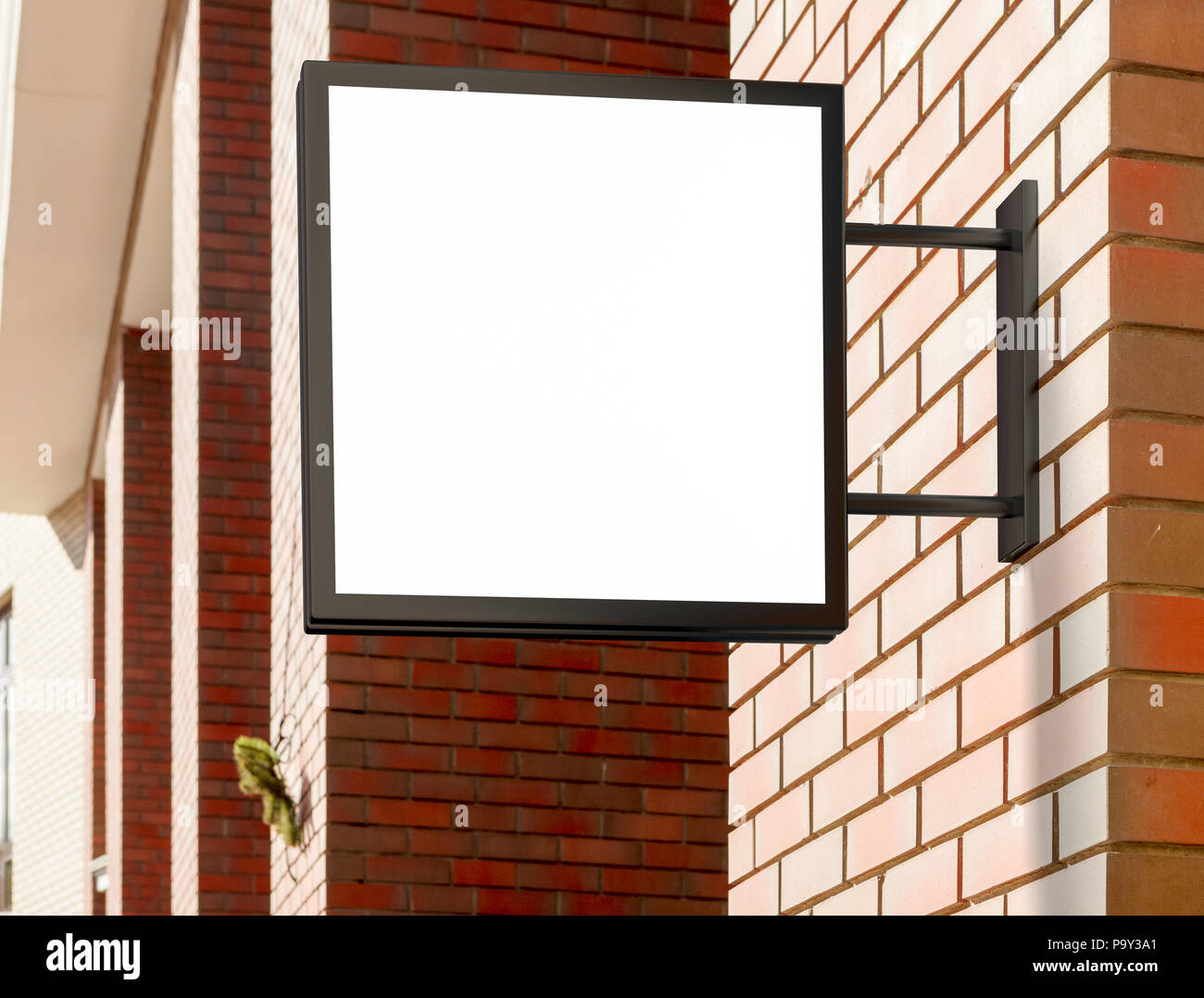 Blank square signboard on the brick wall. 3d illustration Stock Photo ...