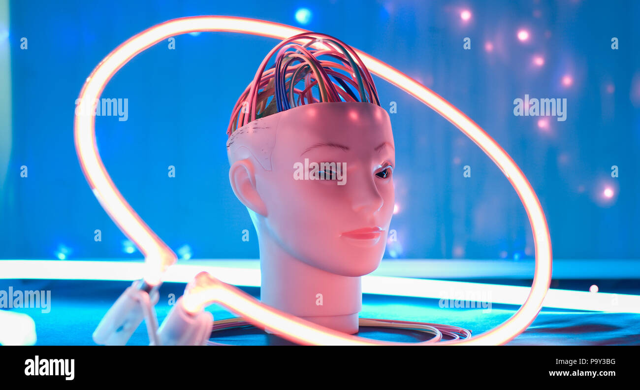Robot head tests, cyber artificial intelligence brain cables Stock ...