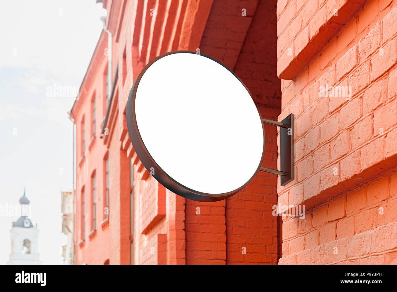 Blank round signboard on the brick wall. 3d illustration Stock Photo ...