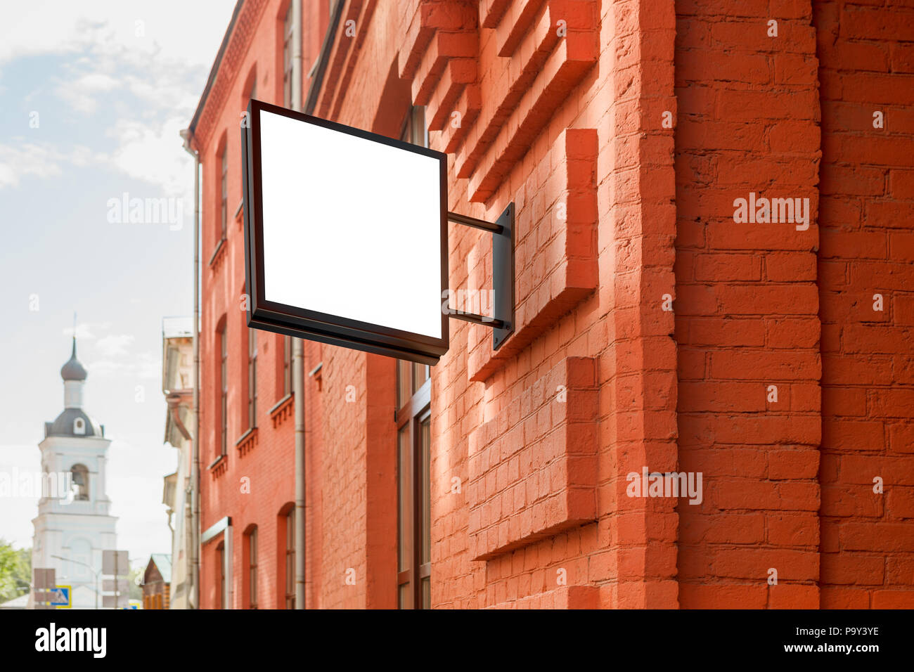 Blank square signboard on the brick wall. 3d illustration Stock Photo ...