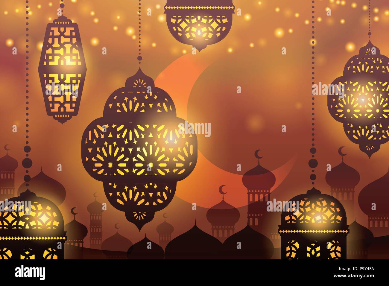 Islamic holiday design with hanging lanterns on mosque silhouette ...