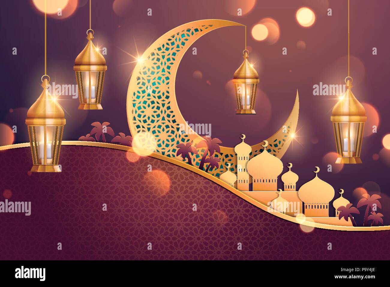 Islamic holiday background design with carved moon and mosque in paper ...