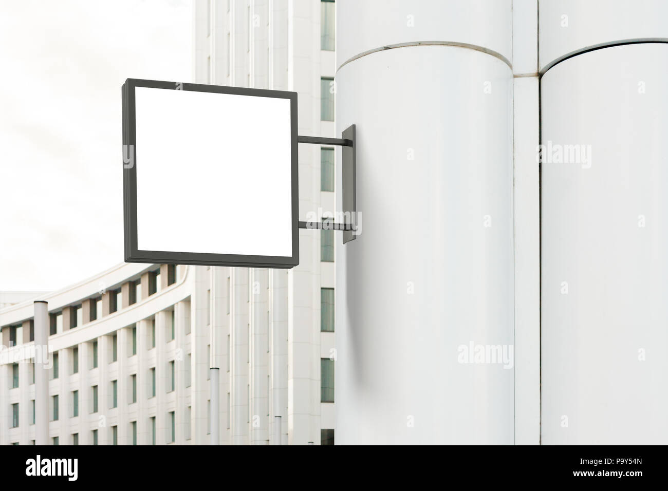 Blank square signboard on the white wall. 3d illustration Stock Photo ...