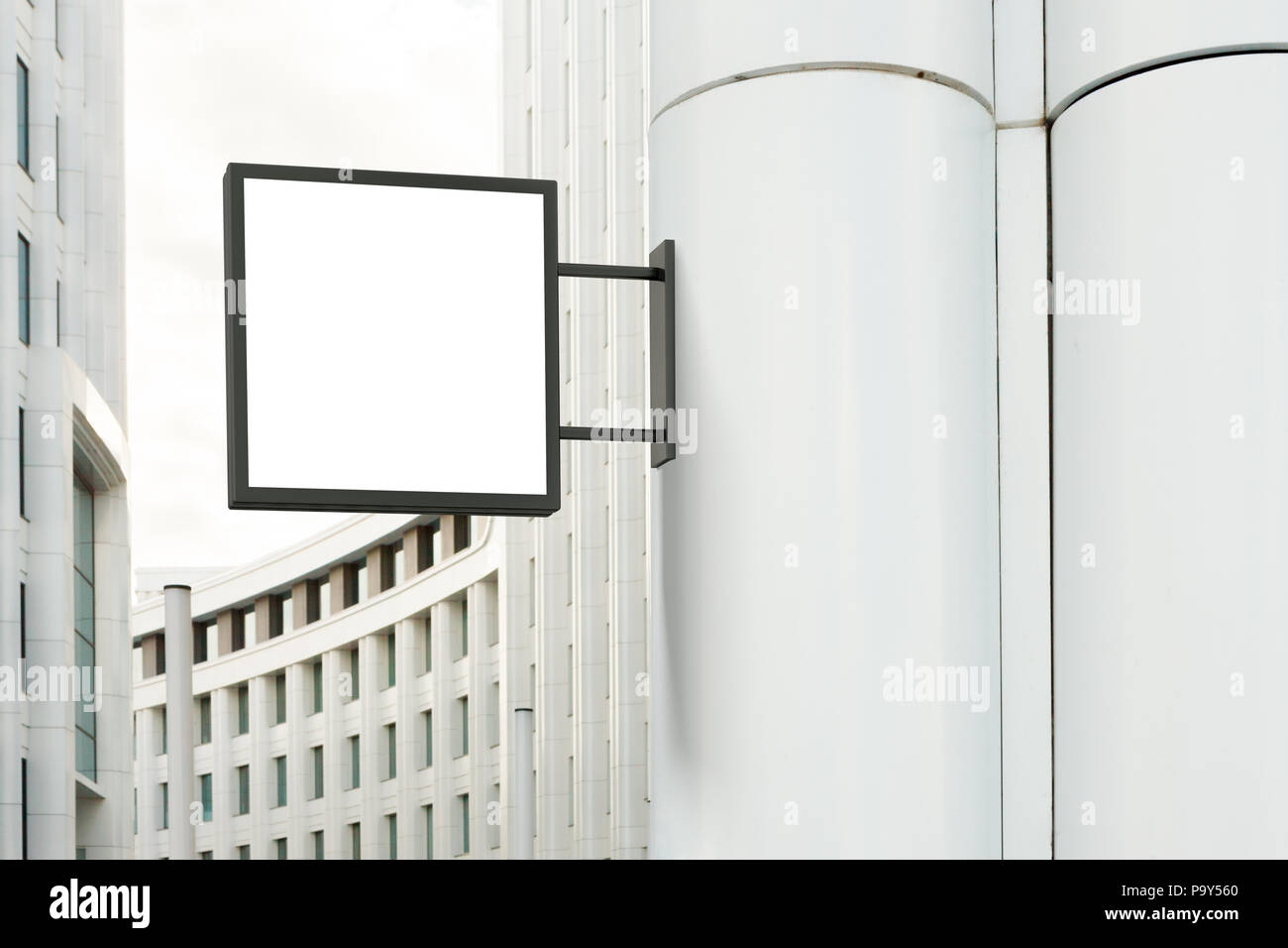 Blank square signboard on the white wall. 3d illustration Stock Photo ...