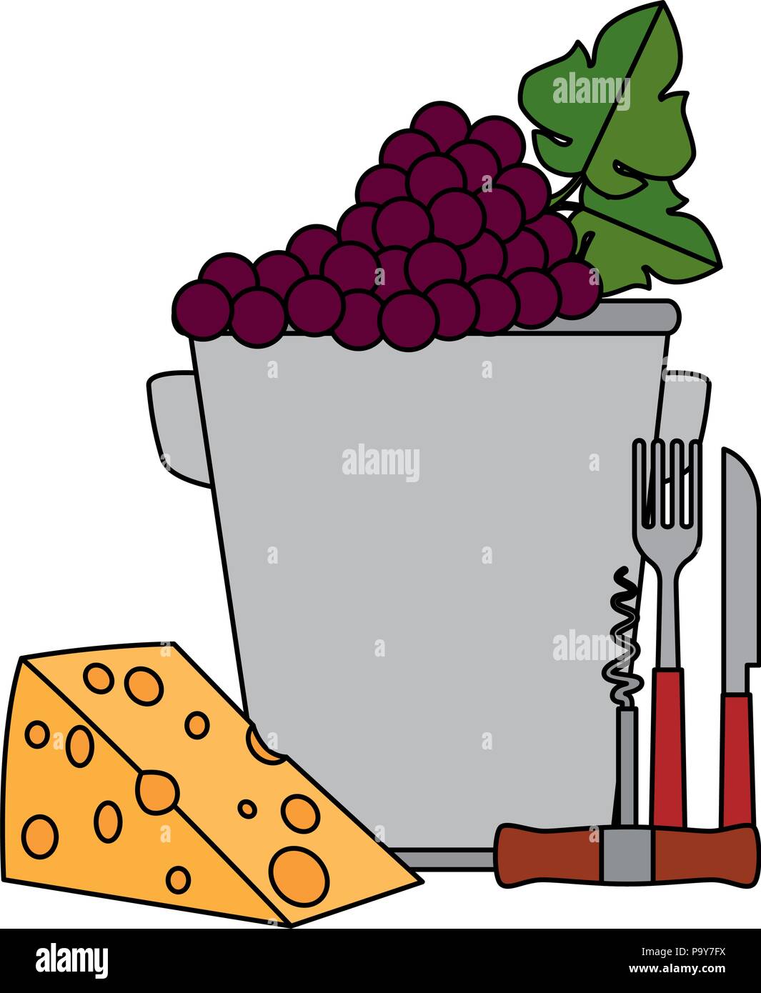 bucket with grapes cluster and cheese vector illustration design Stock ...
