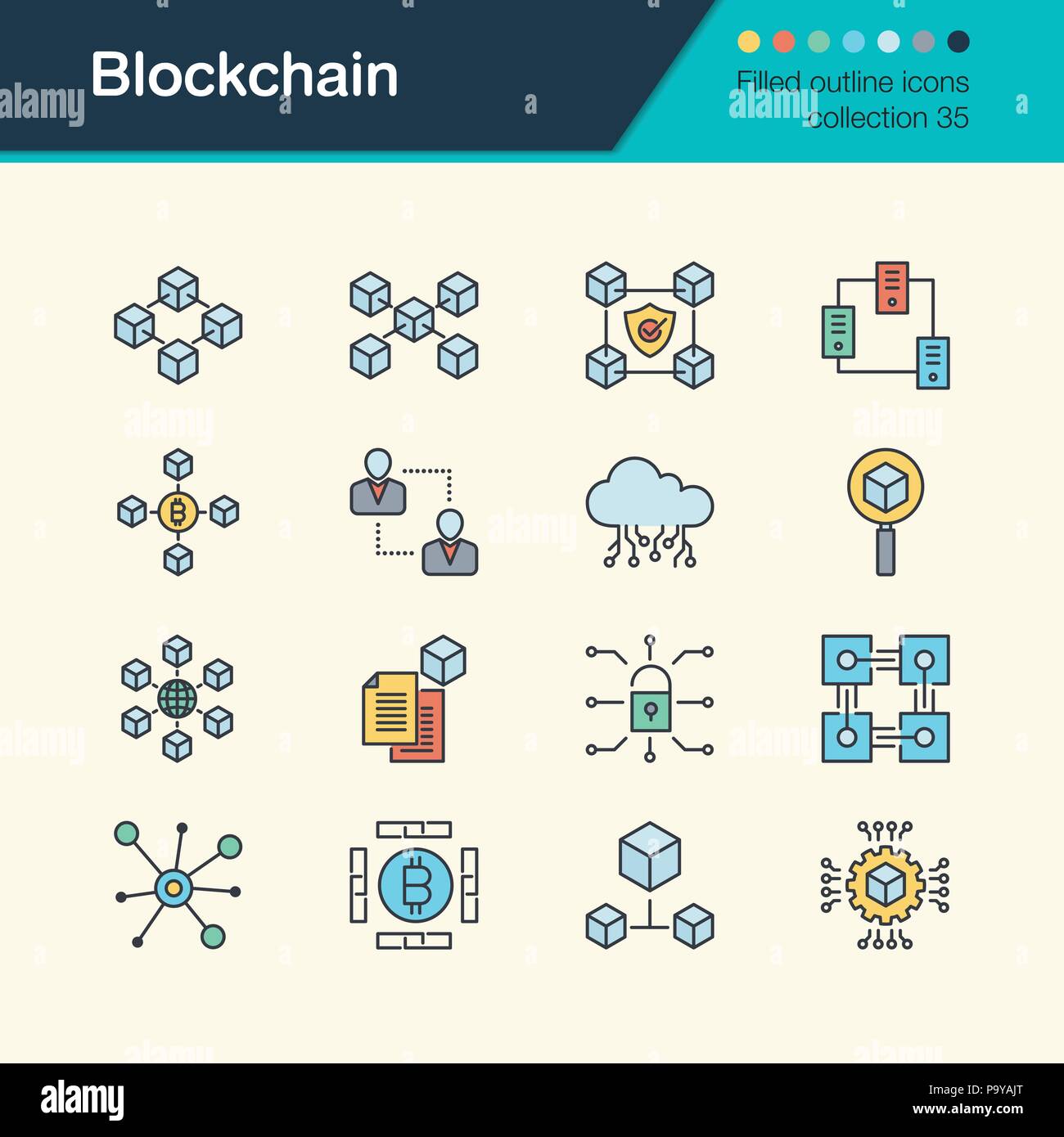 Blockchain icons. Filled outline design collection 35. For presentation, graphic design, mobile ...