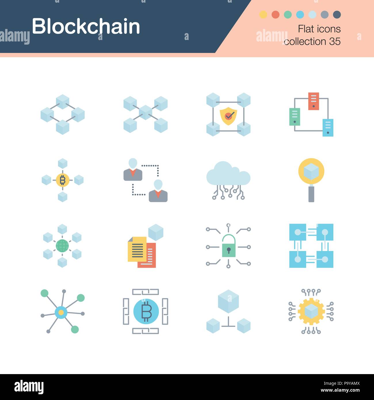 Blockchain icons. Flat design collection 35. For presentation, graphic ...