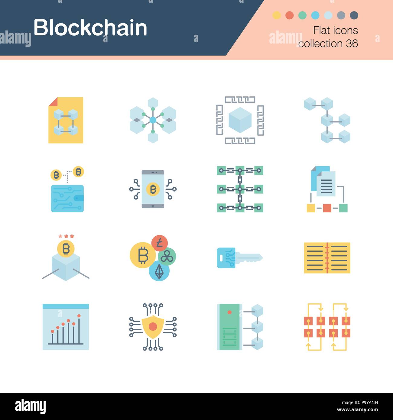 Blockchain icons. Flat design collection 36. For presentation, graphic design, mobile ...