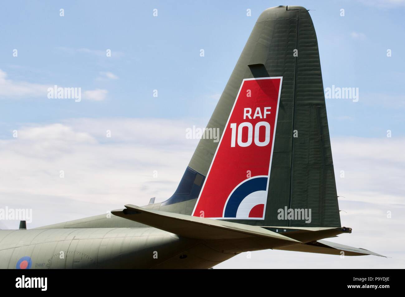RAF100 Logo on a RAF Hercules vertical stabiliser and rudder at the 2018 Royal International Air ...