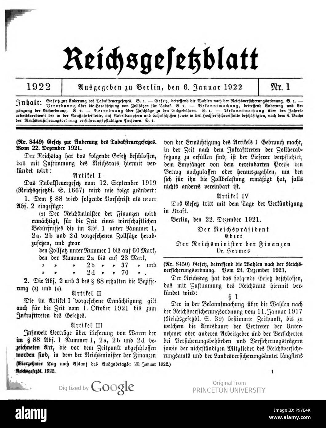 520 Deutsches Reichsgesetzblatt 22T1 001 0001 Stock Photo - Alamy