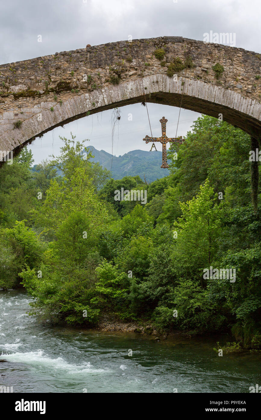 the Roman bridge built in the late 13th century over the Sella River in ...