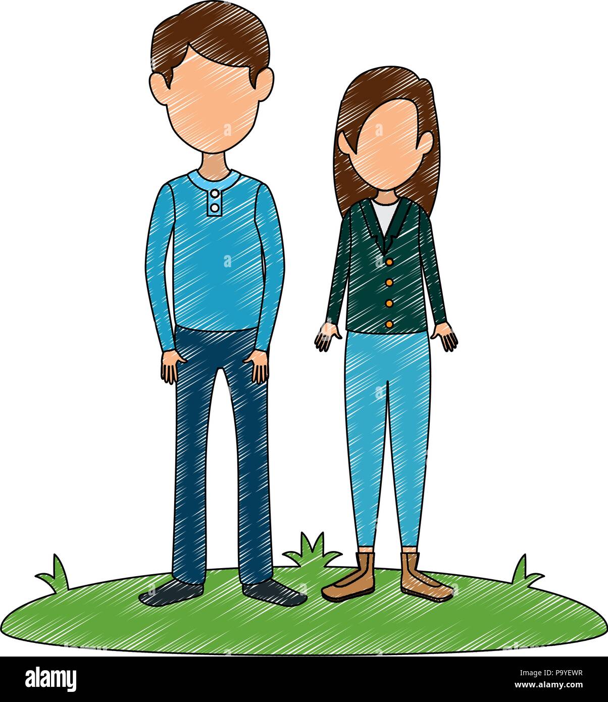 young couple in grass avatars characters vector illustration design ...