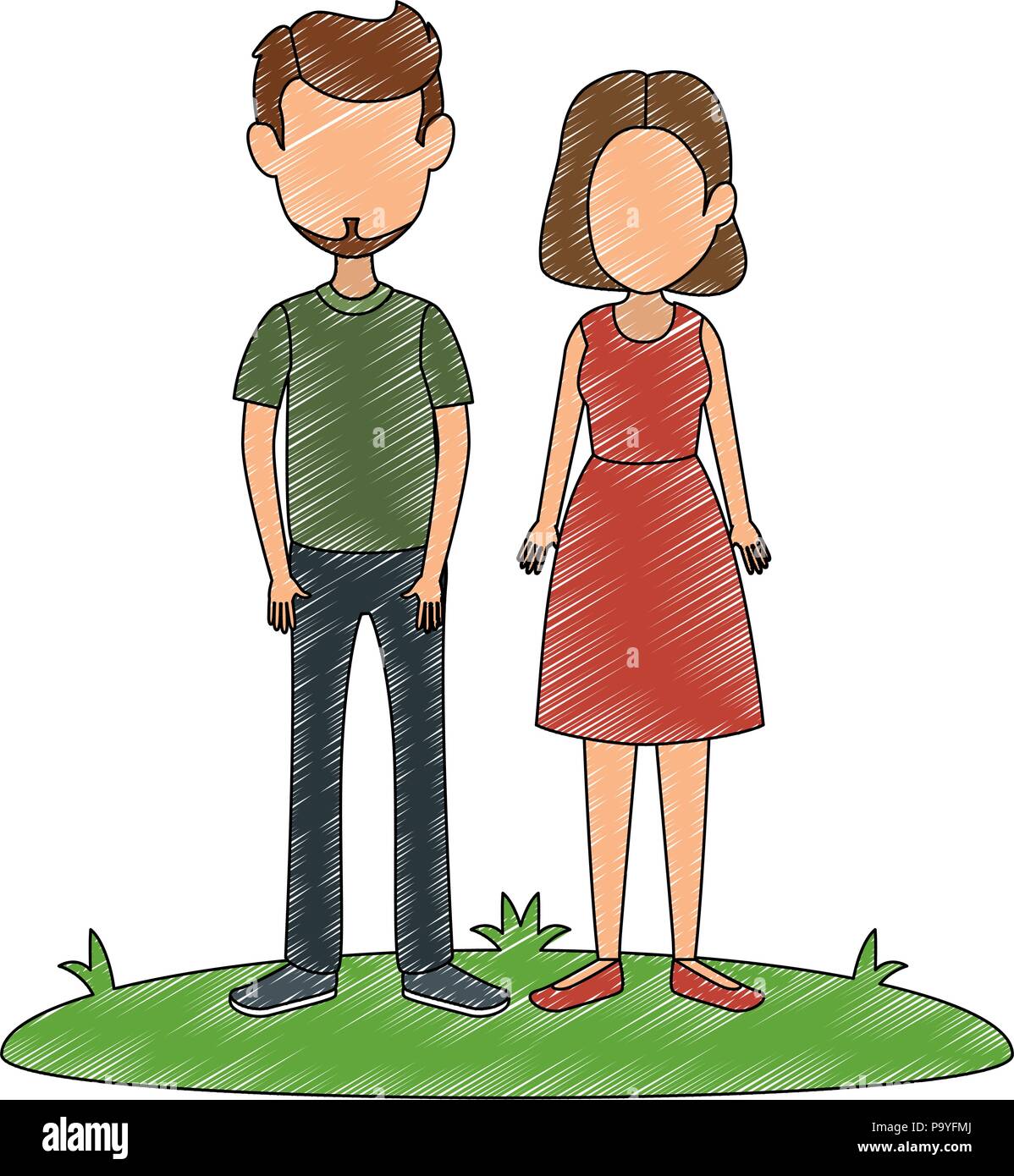 young couple in grass avatars characters vector illustration design ...