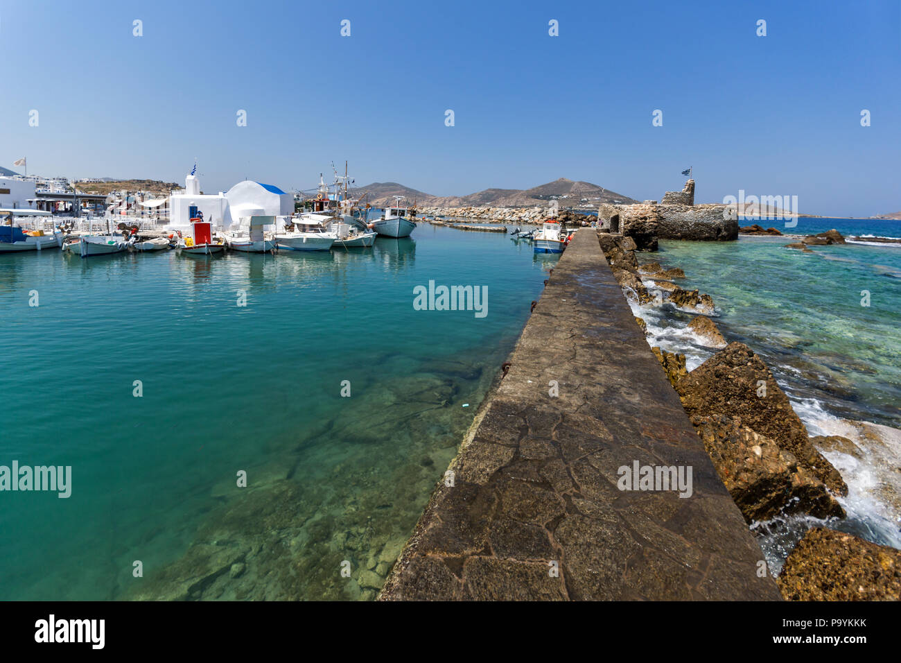 Venetian fortress and small port in Naoussa town, Paros island ...