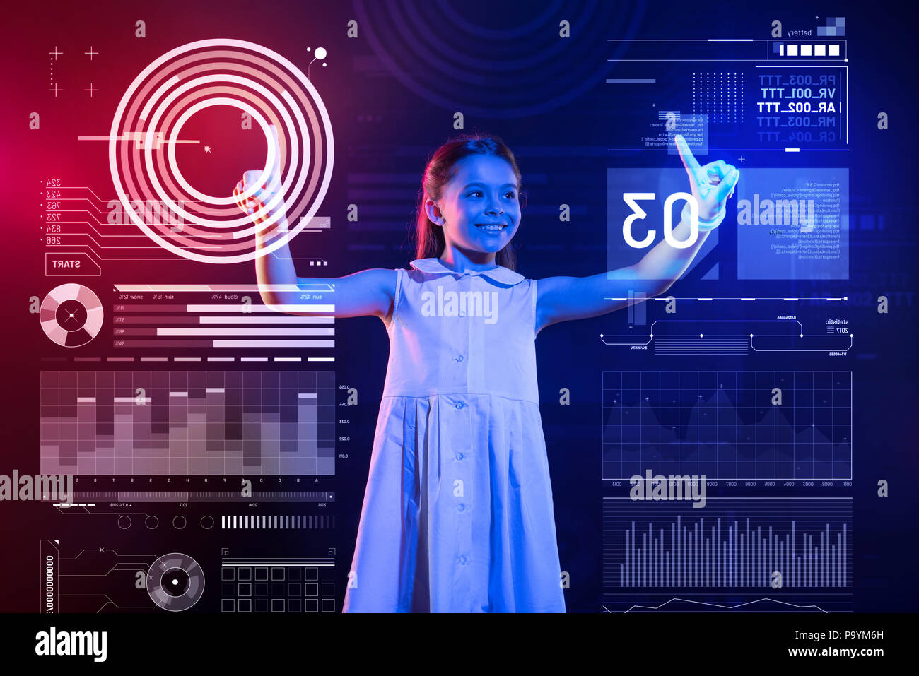 Excited girl putting her hands up when touching the screen Stock Photo ...