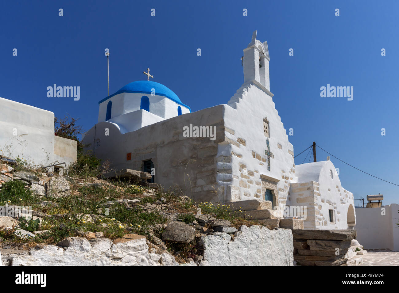 White church in Parakia, Paros island, Cyclades, Greece Stock Photo - Alamy
