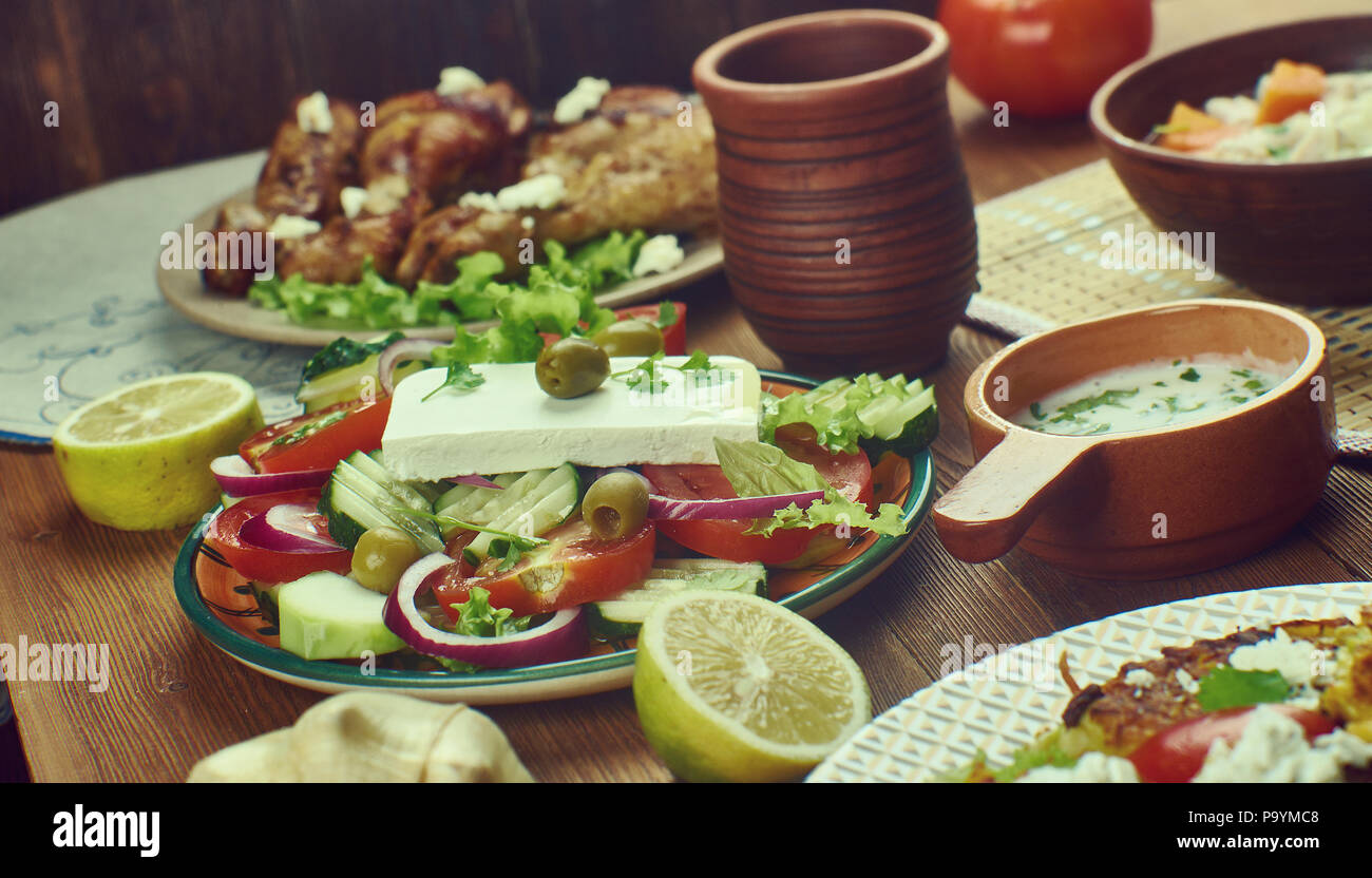 Greek cuisine , Traditional assorted dishes, Top view Stock Photo - Alamy