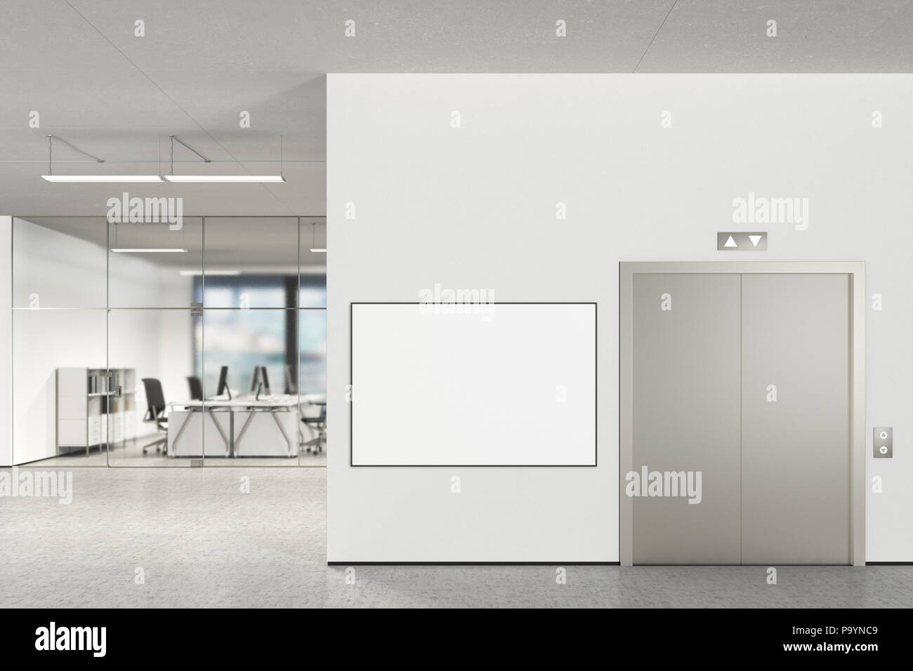 Large blank horizontal poster on the wall and elevator in modern office ...