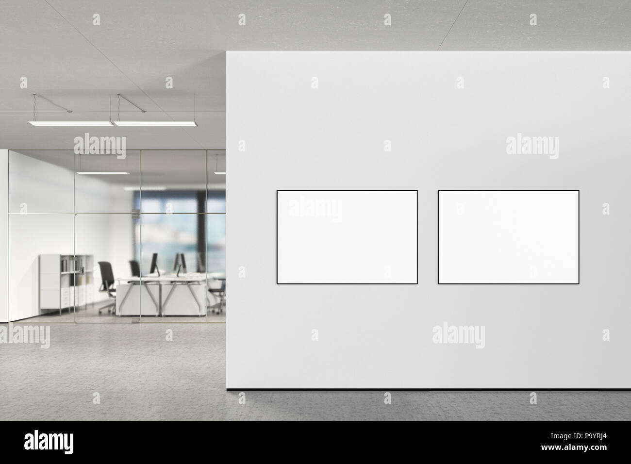 Two blank horizontal posters on the wall in modern office with clipping ...